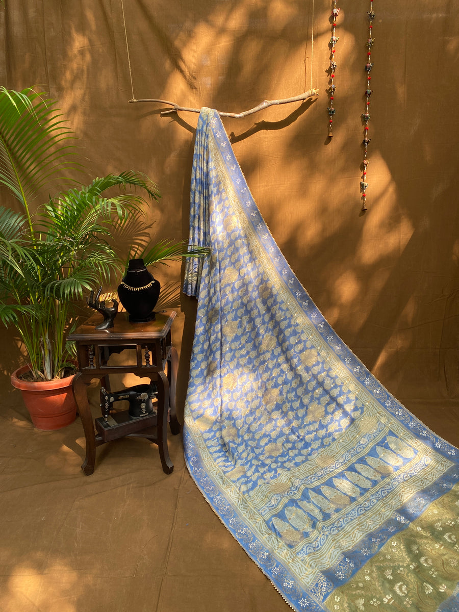 Jharokha Indigo Bagh Print Banarasi Saree – Taana Bana | The Boho ...