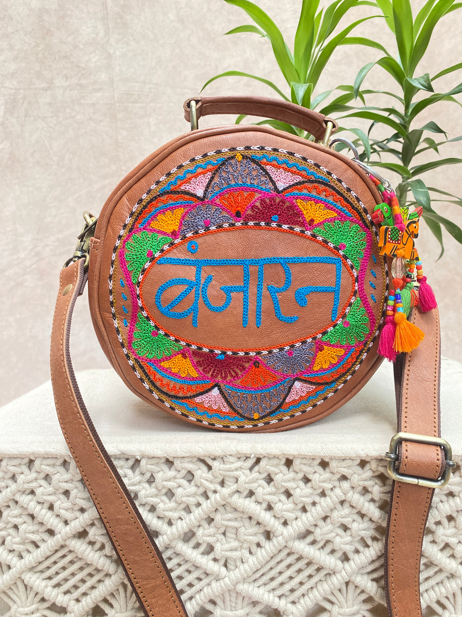 Banjaran Round Kashidakari Leather Bag – Taana Bana | The Boho Ethnic ...