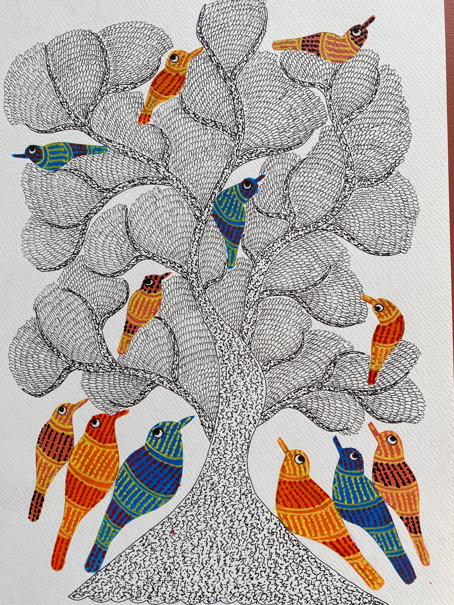 Bird Tree Gond Wall Painting – Taana Bana | The Boho Ethnic Official Store